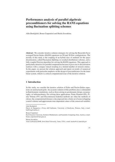 pdf performance analysis of parallel algebraic preconditioners for solving the rans equations
