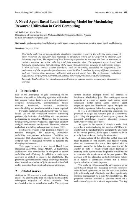 pdf a novel agent based load balancing model for maximizing resource utilization in grid computing