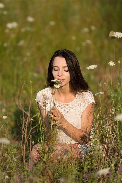 1920x1080px 1080p Free Download Women Brunette Field Flowers Grass Eroticbeauty Adel