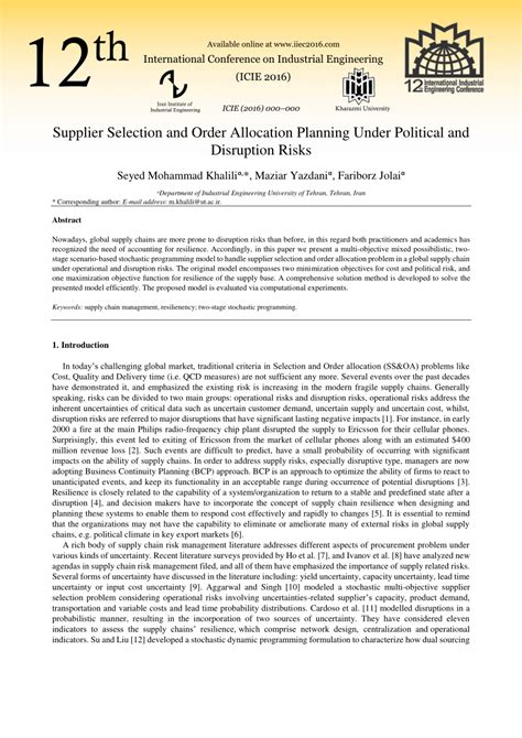 pdf supplier selection and order allocation planning under political and disruption risks