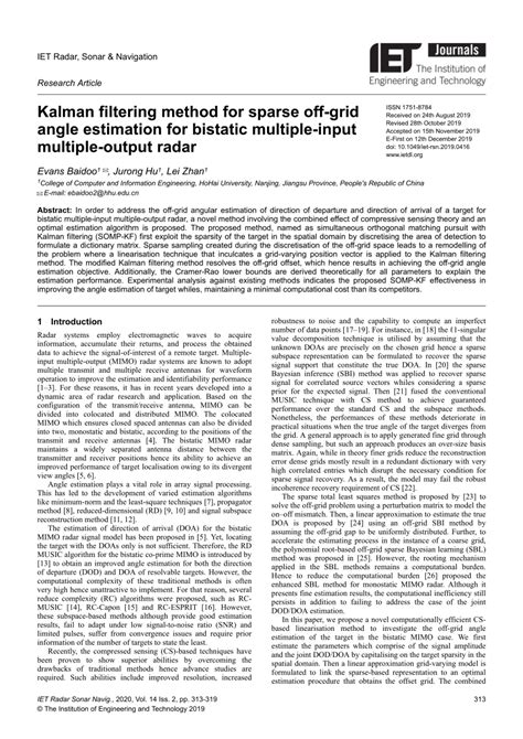 pdf kalman filtering method for sparse off grid angle estimation for bistatic mimo radar