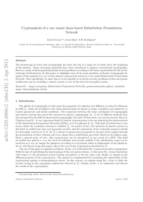 pdf cryptanalysis of a one round chaos based substitution permutation network david arroyo