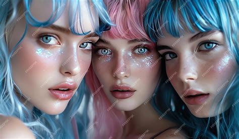 Premium Photo Three Beautiful Women With Blue And Pink Hair