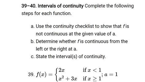 solved 39 40 intervals of continuity complete the following steps for each function a use the