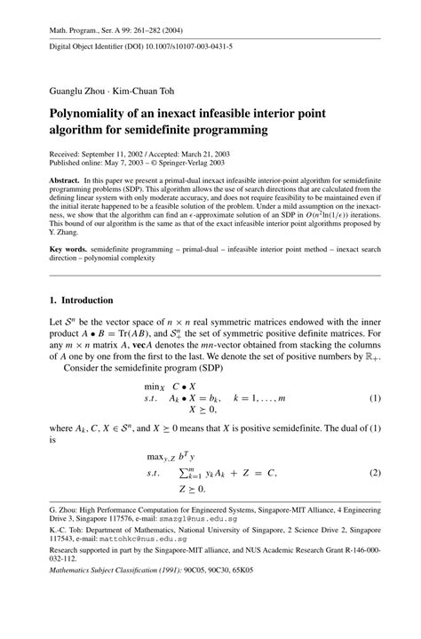 pdf polynomiality of an inexact infeasible interior point algorithm for semidefinite programming