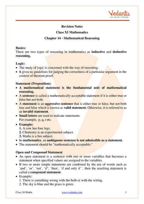 class 11 revision notes mathematical reasoning revision notes class xi mathematics chapter 14