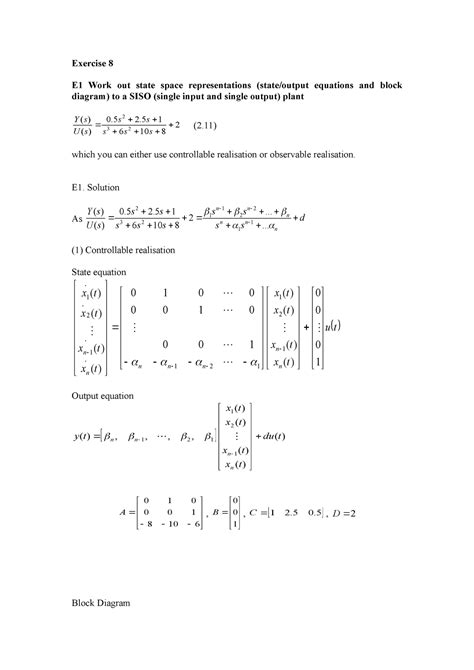 lec 08 solution exercise 8 e1 work out state space representations state output equations and