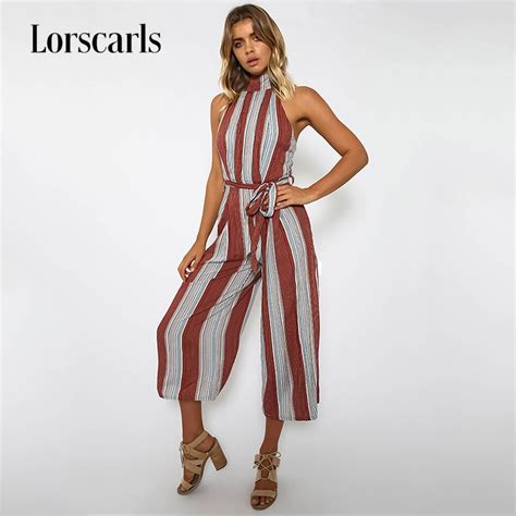 Lorscarls Striped Wide Leg Rompers Womens Jumpsuit Summer Sexy Beach Halter Sleeveless Vacation