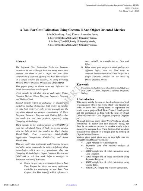 pdf a tool for cost estimation using cocomo ii and object oriented metrics