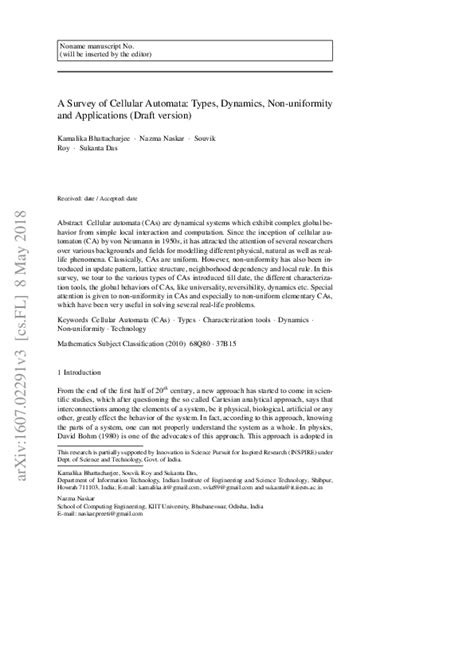 pdf a survey of cellular automata types dynamics non uniformity and applications kamalika