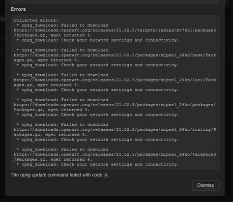the opkg update command failed with code 6 please help me why its showing [solved