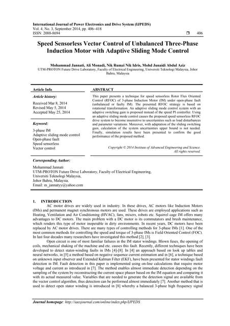 speed sensorless vector control of unbalanced three phase induction motor with adaptive sliding