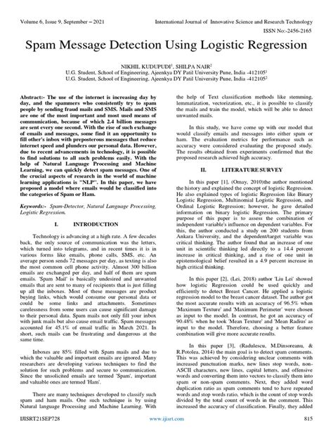 spam message detection using logistic regression pdf statistical classification machine