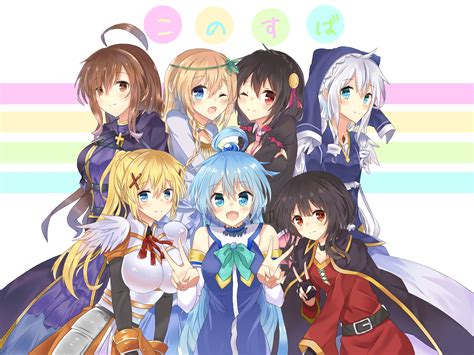 Aqua Eyes Aqua Hair Aqua Konosuba Armor Black Hair Blonde Hair Blush Braids Breasts Brown Eyes