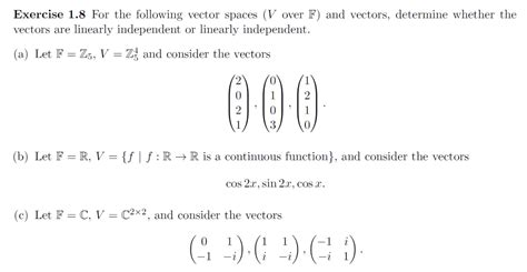solved exercise 1 8 for the following vector spaces v over