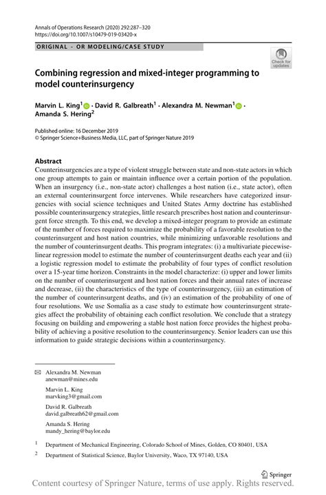 combining regression and mixed integer programming to model counterinsurgency request pdf