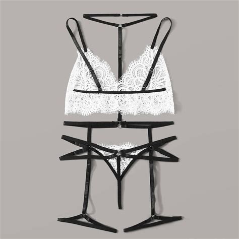 Sexy Lingerie Bra Set Fashion Women White Lace Sling Sexy V Neck Underwear Thong Sleepwear Linge