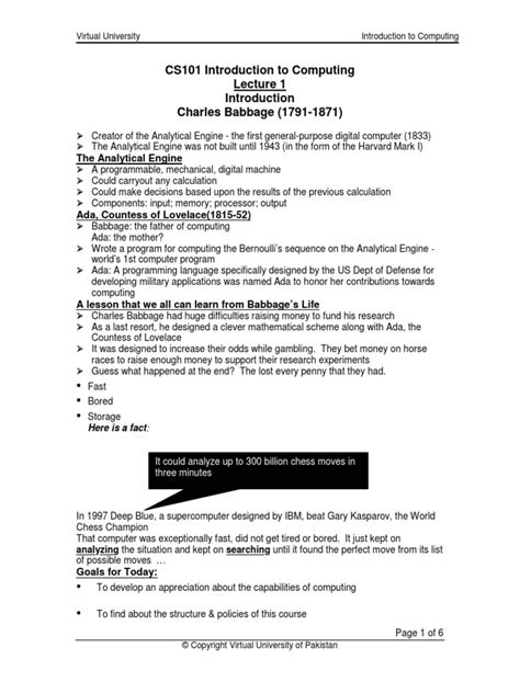 cs101 introduction to computing charles babbage 1791 1871 the analytical engine pdf