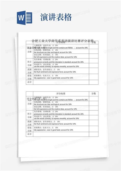 英语演讲比赛评分表格Word模板下载 编号ldppnoew 熊猫办公