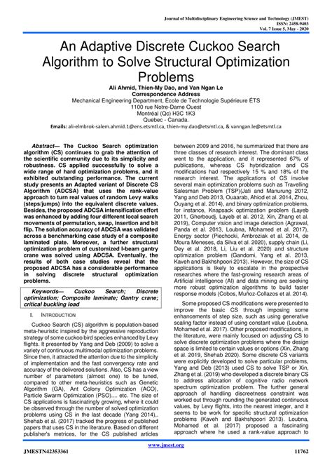 pdf an adaptive discrete cuckoo search algorithm to solve structural optimization problems