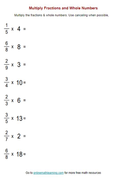 Multiply Fractions Whole Numbers Worksheet Examples Answers