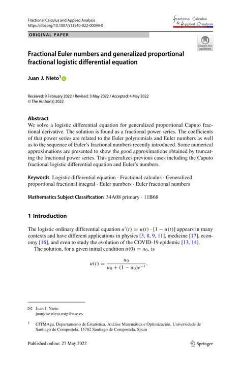 pdf fractional euler numbers and generalized proportional fractional logistic differential