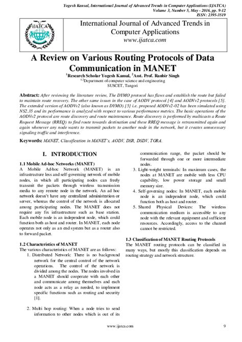 pdf a review on various routing protocols of data communication in manet editor ijatca