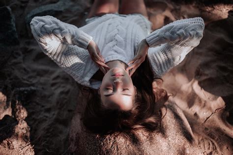 Wallpaper Model Freckles Brunette Portrait Women Outdoors Lying On Back White Sweater