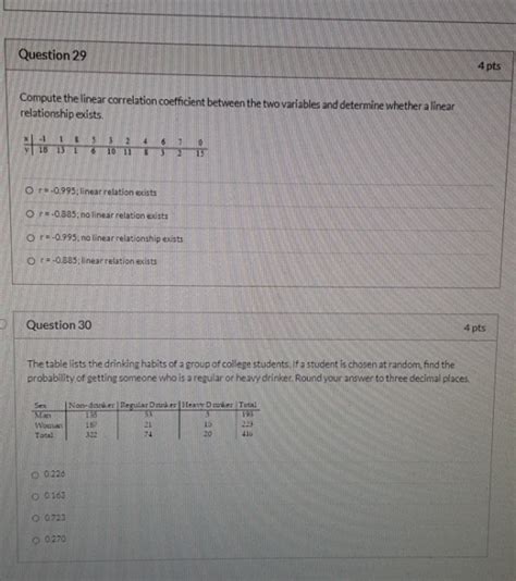 question 29 4 pts compute the linear correlation coefficient between the two variables and
