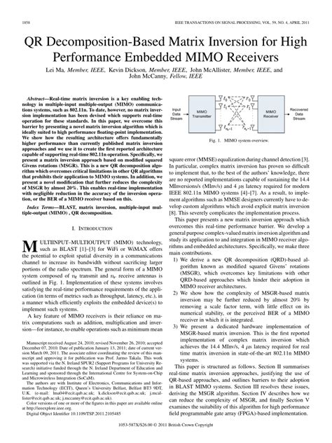 pdf qr decomposition based matrix inversion for high performance embedded mimo receivers