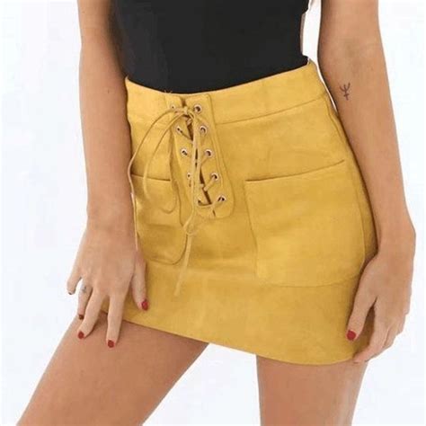 Buy Fashion Womens Leather Suede Lace Up Bandage High Waist Skirt Slim Pencil Short Mini Skirt