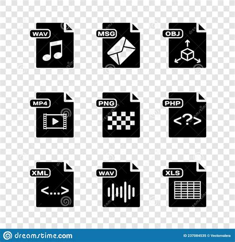 Set WAV File Document MSG OBJ XML XLS MP4 And PNG Icon Vector