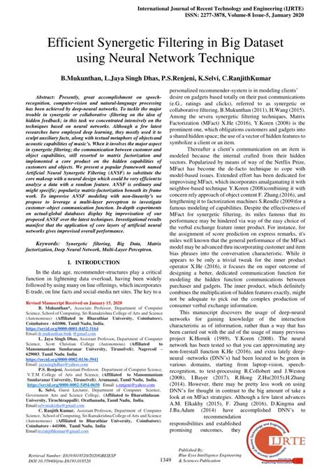 pdf efficient synergetic filtering in big dataset using neural network technique