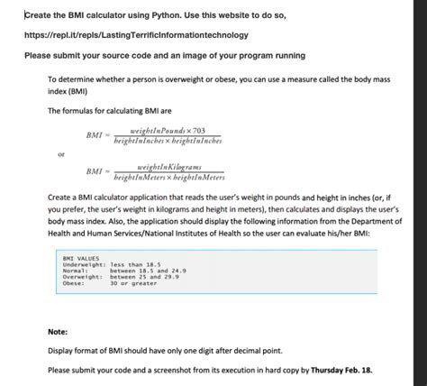 solved create the bmi calculator using python use this