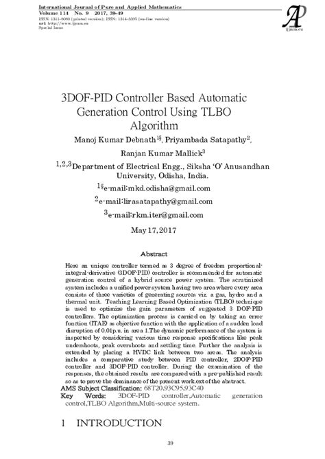 pdf 3 dof pid controller based automatic generation control using tlbo algorithm priyambada