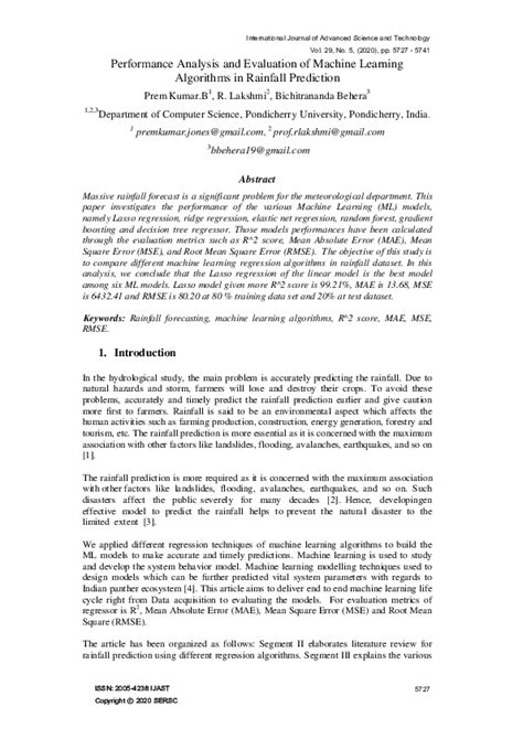 pdf performance analysis and evaluation of machine learning algorithms in rainfall prediction