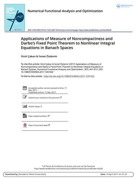pdf applications of measure of noncompactness and darbo s fixed point theorem to nonlinear