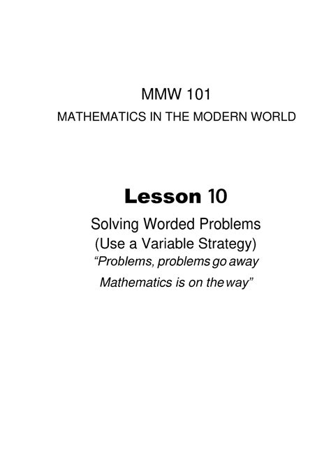 lesson 10 solving worded problems use a variable strategy mmw 101 mathematics in the