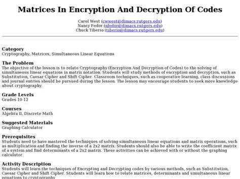 matrices in encryption and decryption of codes lesson plan for 10th 12th grade lesson planet