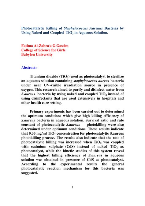 PDF Photocatalytic Killing Of Staphylococcus Aureaus Bacteria By