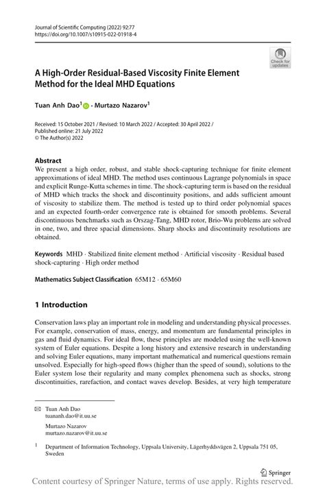 pdf a high order residual based viscosity finite element method for the ideal mhd equations