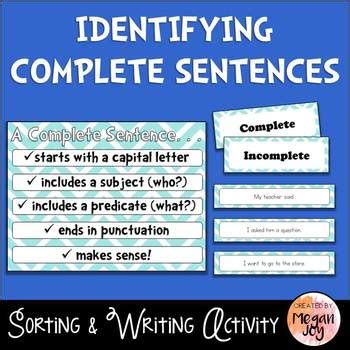 Complete Incomplete Sentences Sorting Activity By Megan Joy TpT