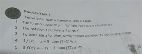 solved practice task 1 tell whether each statement is true or false 1 the function notation y