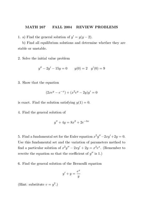 review problems differential equations and transforms math 267 docsity
