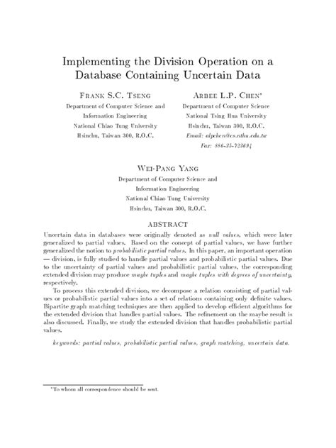 implementing the division operation on a database containing uncertain data pdf vertex