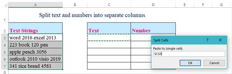 how to separate text and numbers from one cell into two columns
