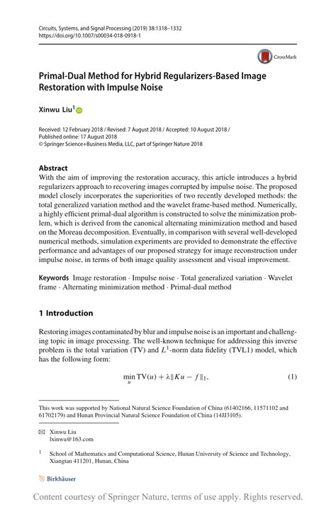 primal dual method for hybrid regularizers based image restoration with impulse noise request pdf