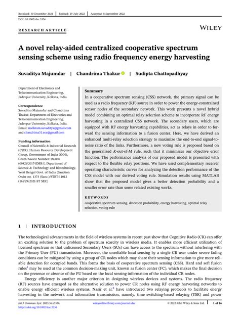 a novel relay‐aided centralized cooperative spectrum sensing scheme using radio frequency energy