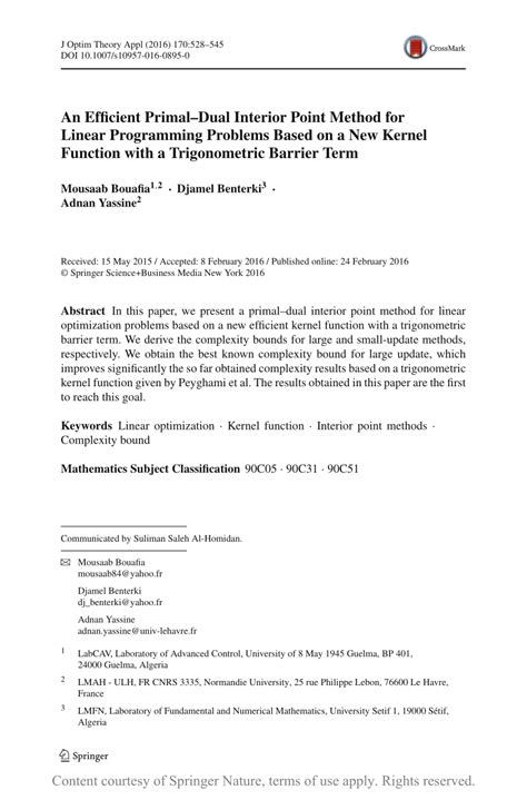 an efficient primal dual interior point method for linear programming problems based on a new