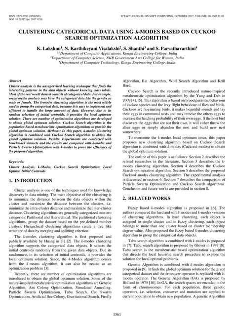pdf clustering categorical data using k modes based on cuckoo search optimization algorithm